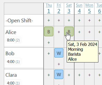 View rota schedule grouped by employee | Shift Scheduling Plugin for WordPress | ShiftController
